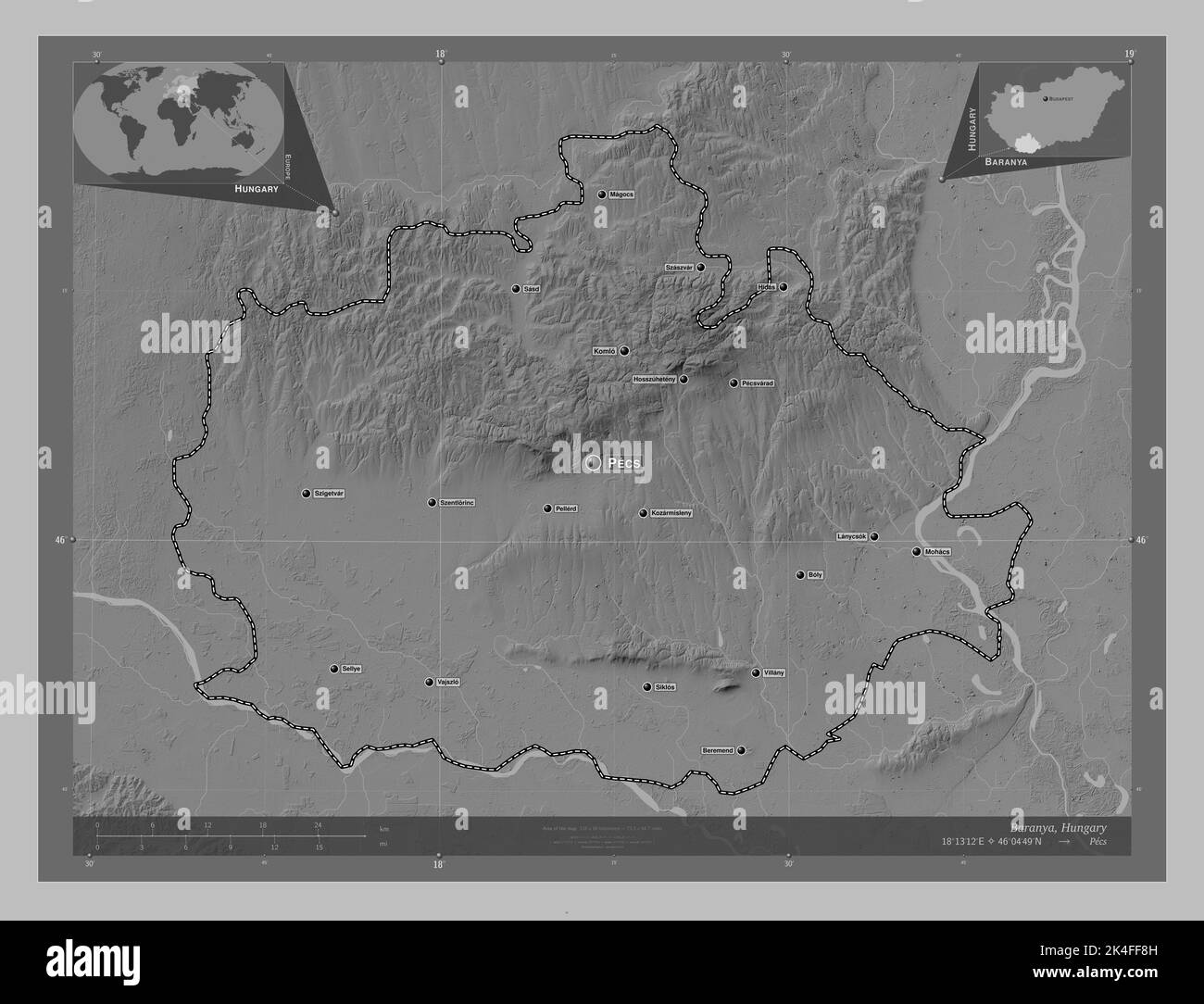 Baranya, county of Hungary. Grayscale elevation map with lakes and ...