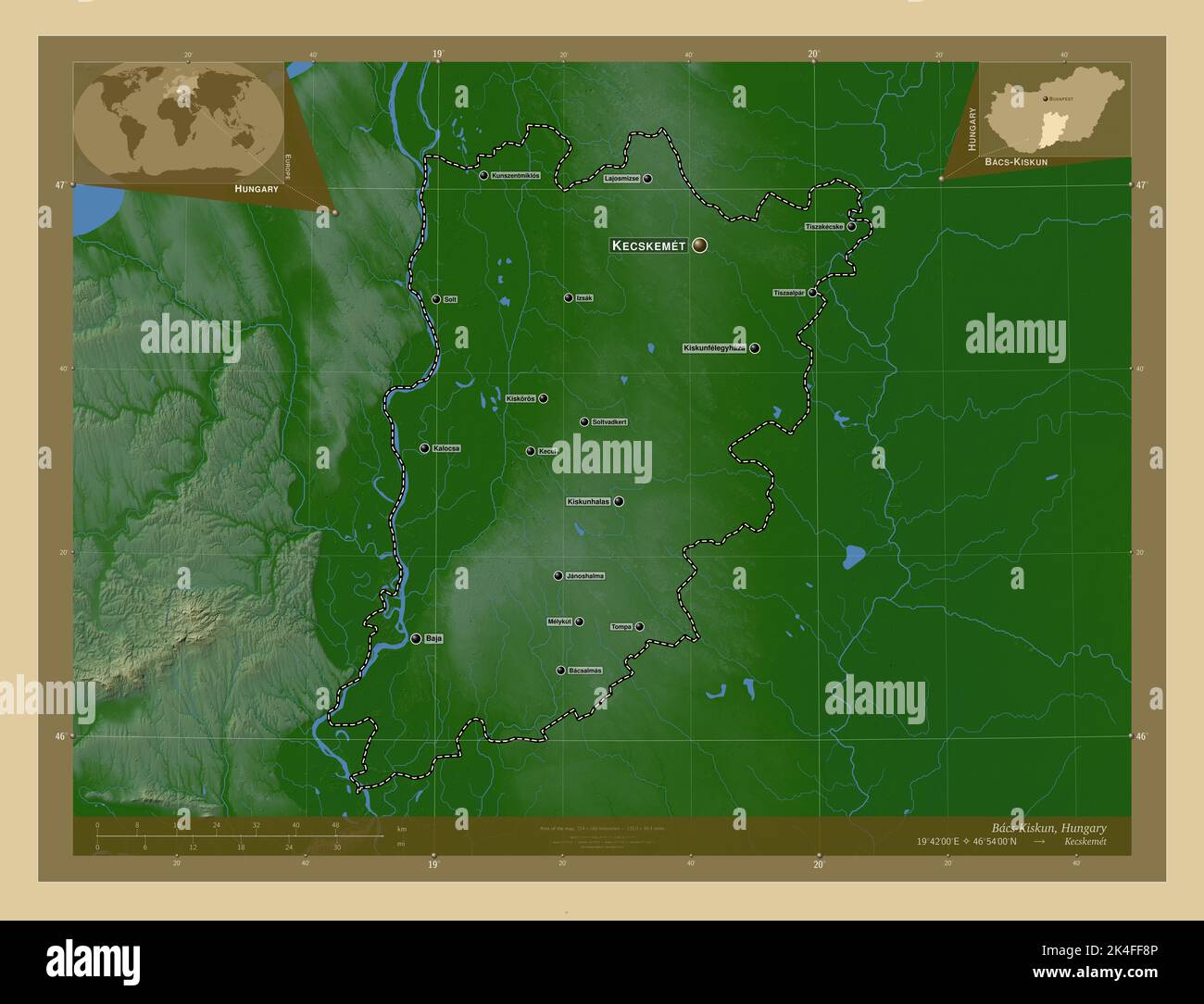 Bacs-Kiskun, county of Hungary. Colored elevation map with lakes and ...