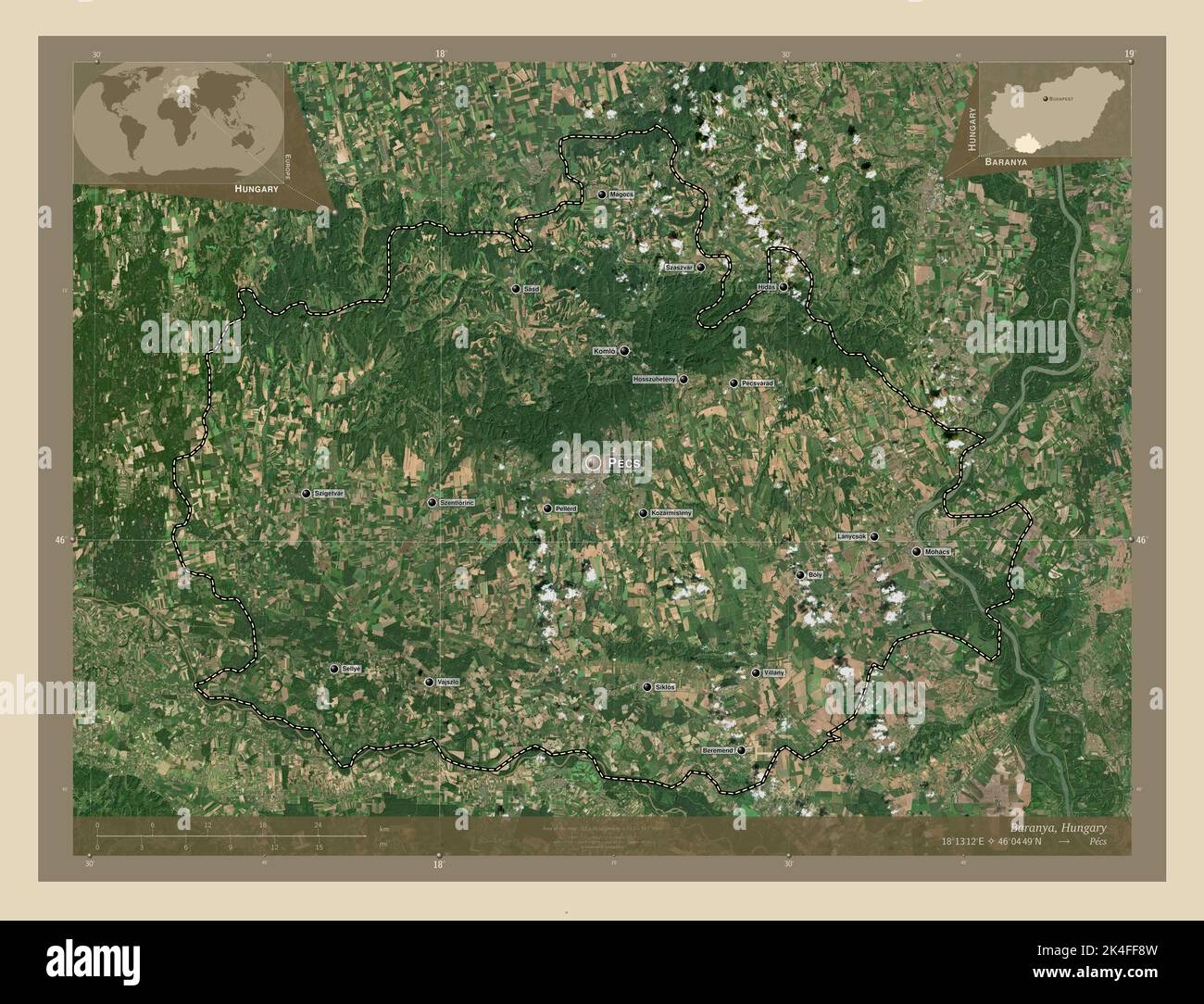 Baranya, county of Hungary. High resolution satellite map. Locations ...