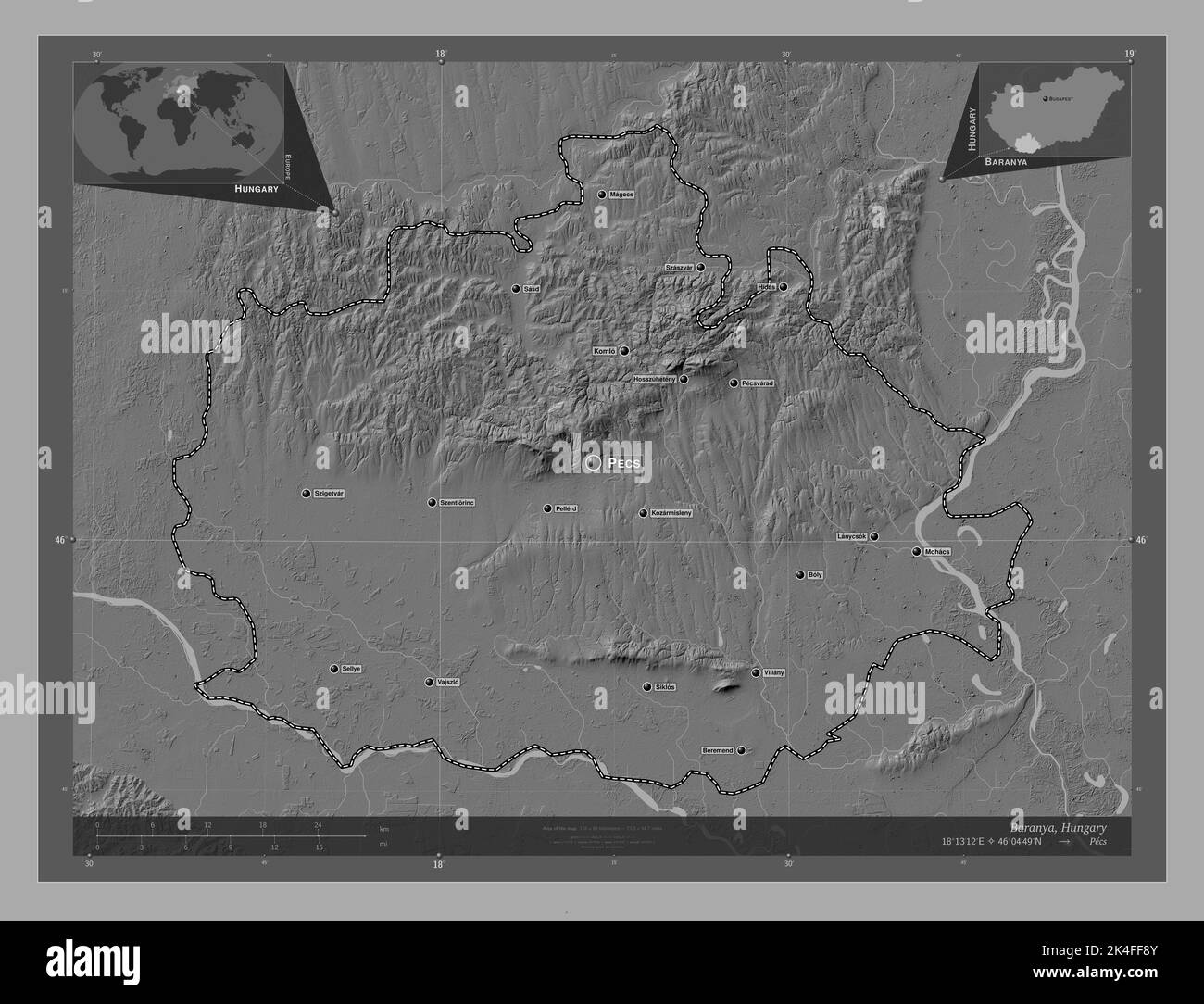 Baranya, county of Hungary. Bilevel elevation map with lakes and rivers ...