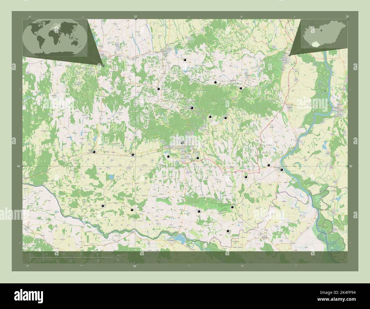Baranya, county of Hungary. Open Street Map. Locations of major cities ...