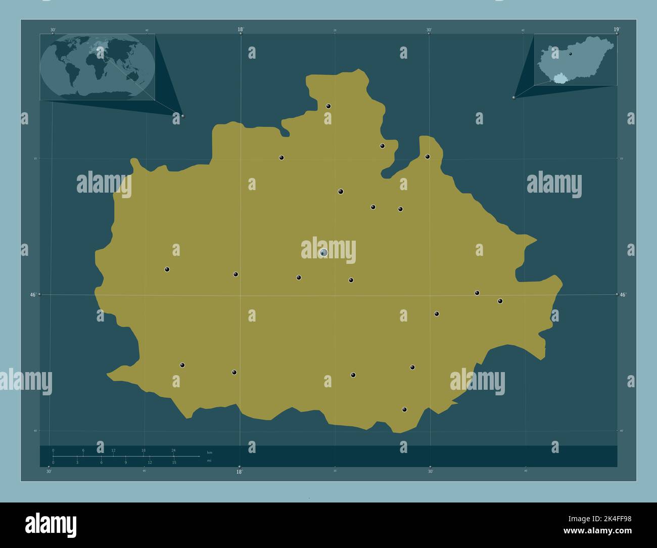 Baranya, county of Hungary. Solid color shape. Locations of major ...