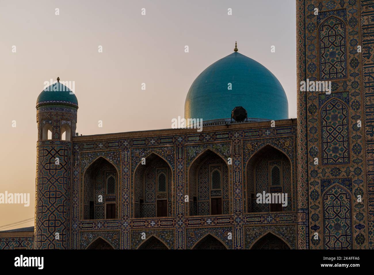 Registan intricate blue tile dome and minaret of Tilla Kari Madrassa at ...