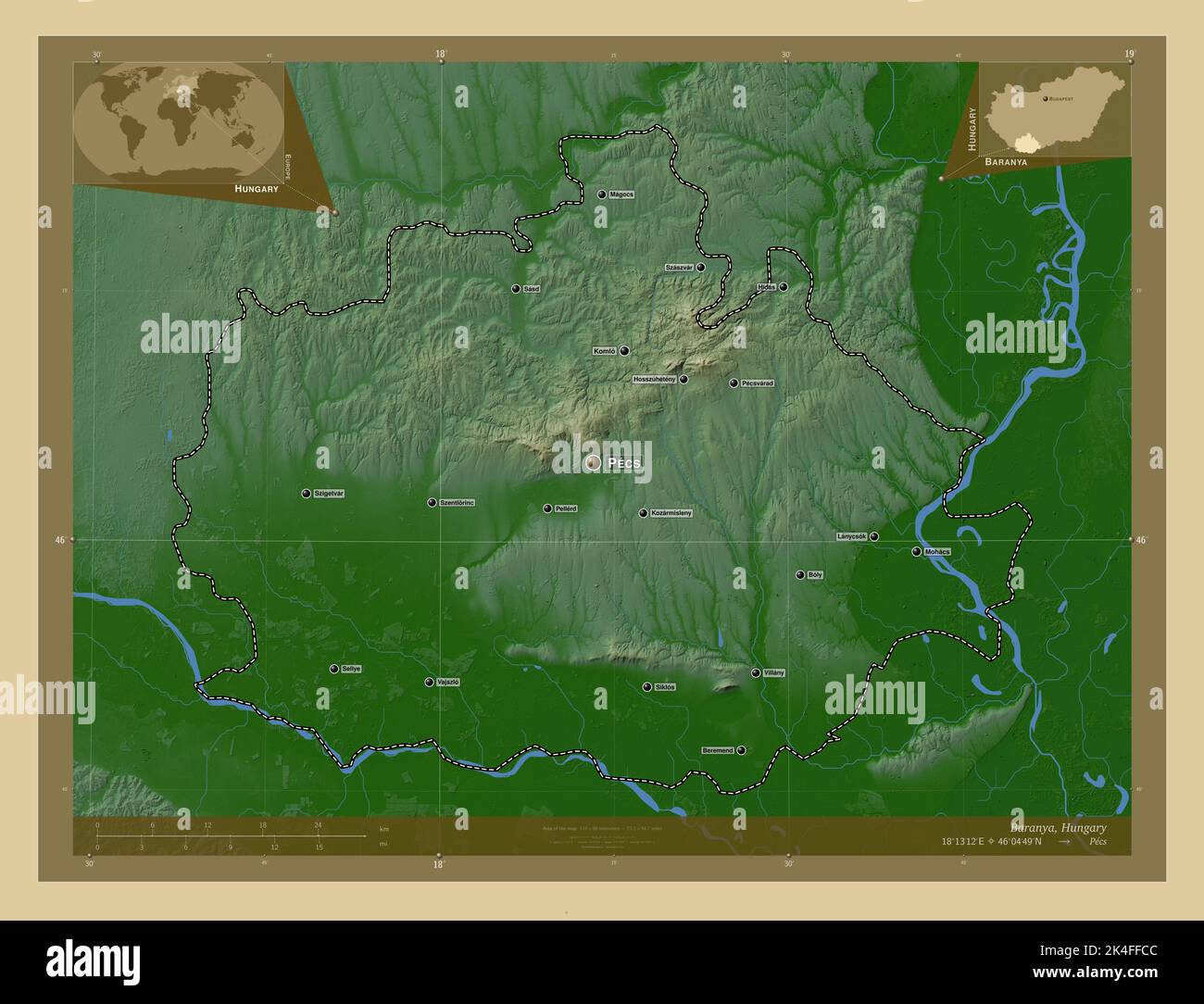 Baranya, county of Hungary. Colored elevation map with lakes and rivers. Locations and names of ...