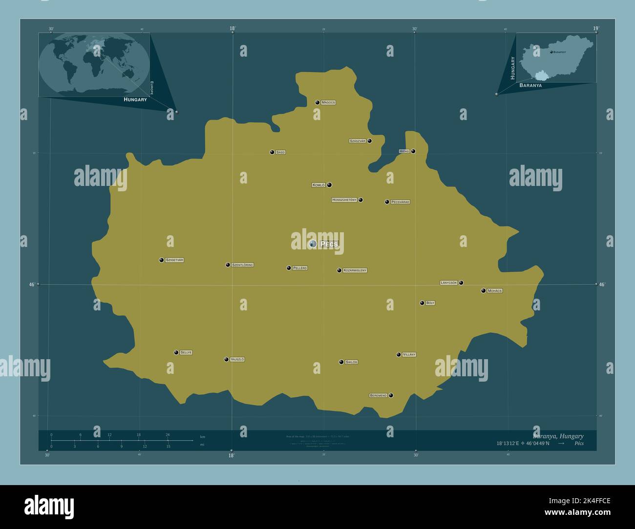 Baranya, county of Hungary. Solid color shape. Locations and names of ...