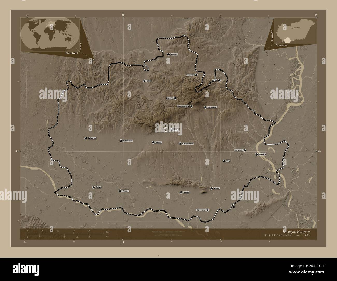 Baranya, county of Hungary. Elevation map colored in sepia tones with ...