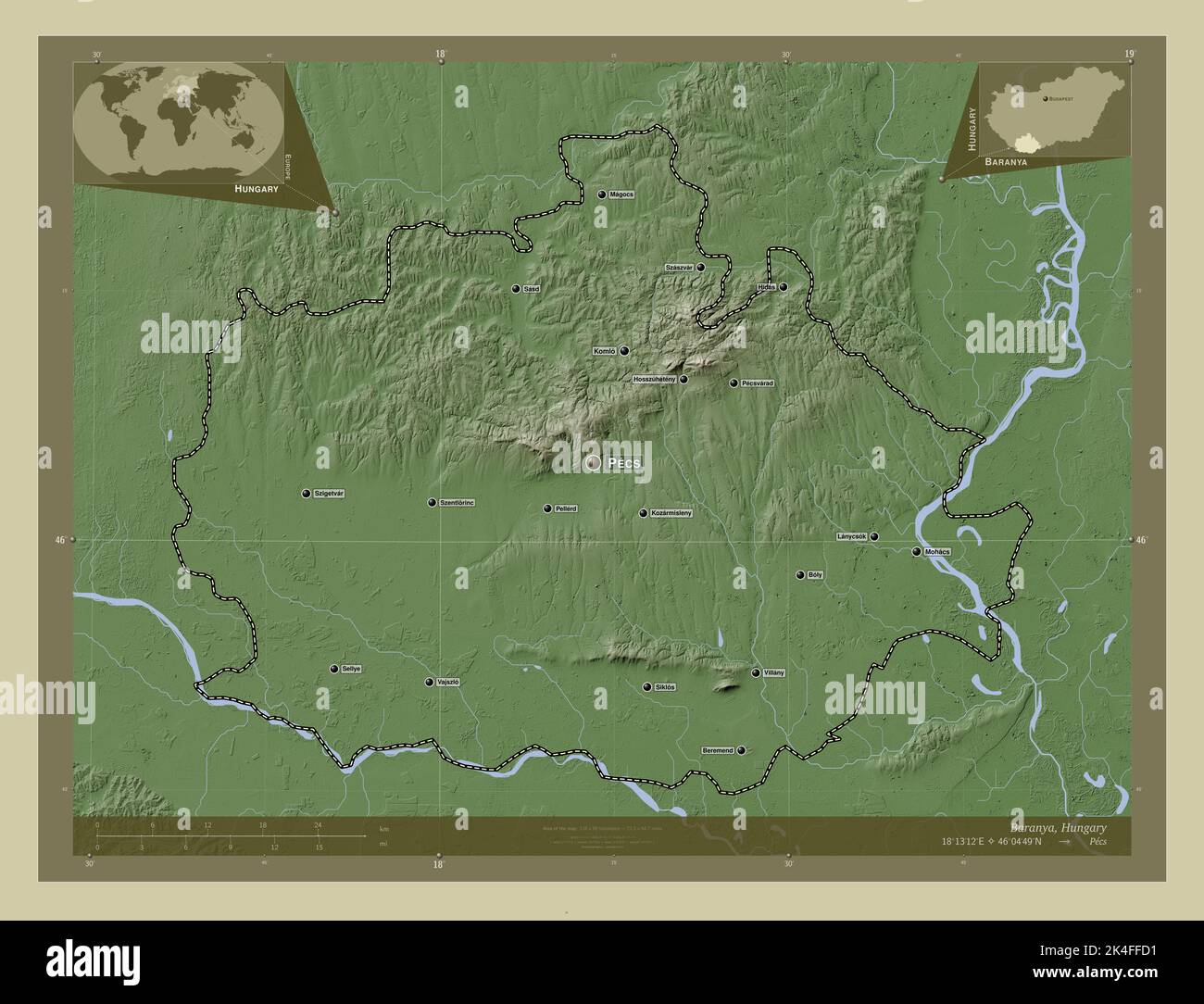 Baranya, county of Hungary. Elevation map colored in wiki style with ...