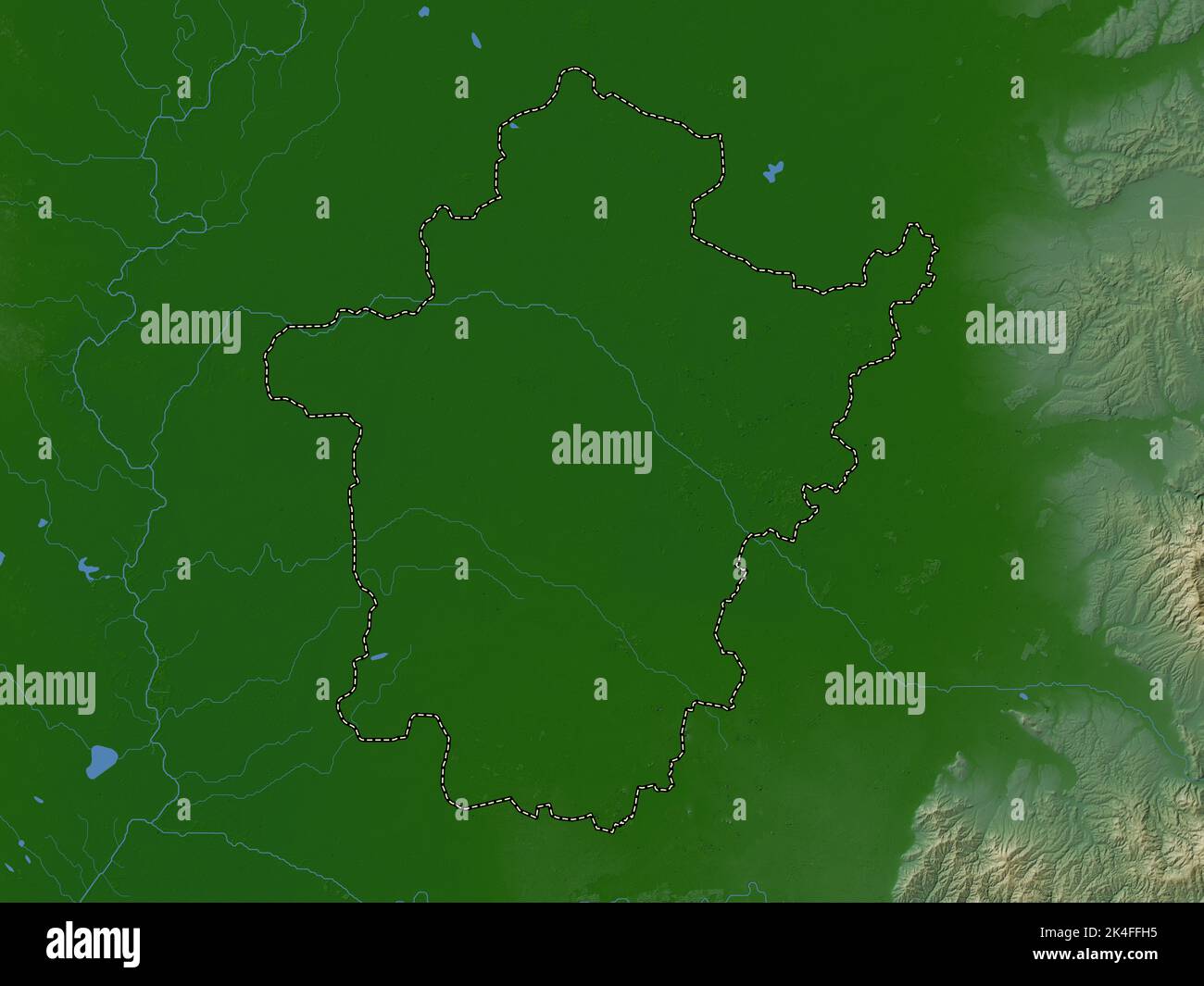 Bekes, county of Hungary. Colored elevation map with lakes and rivers ...