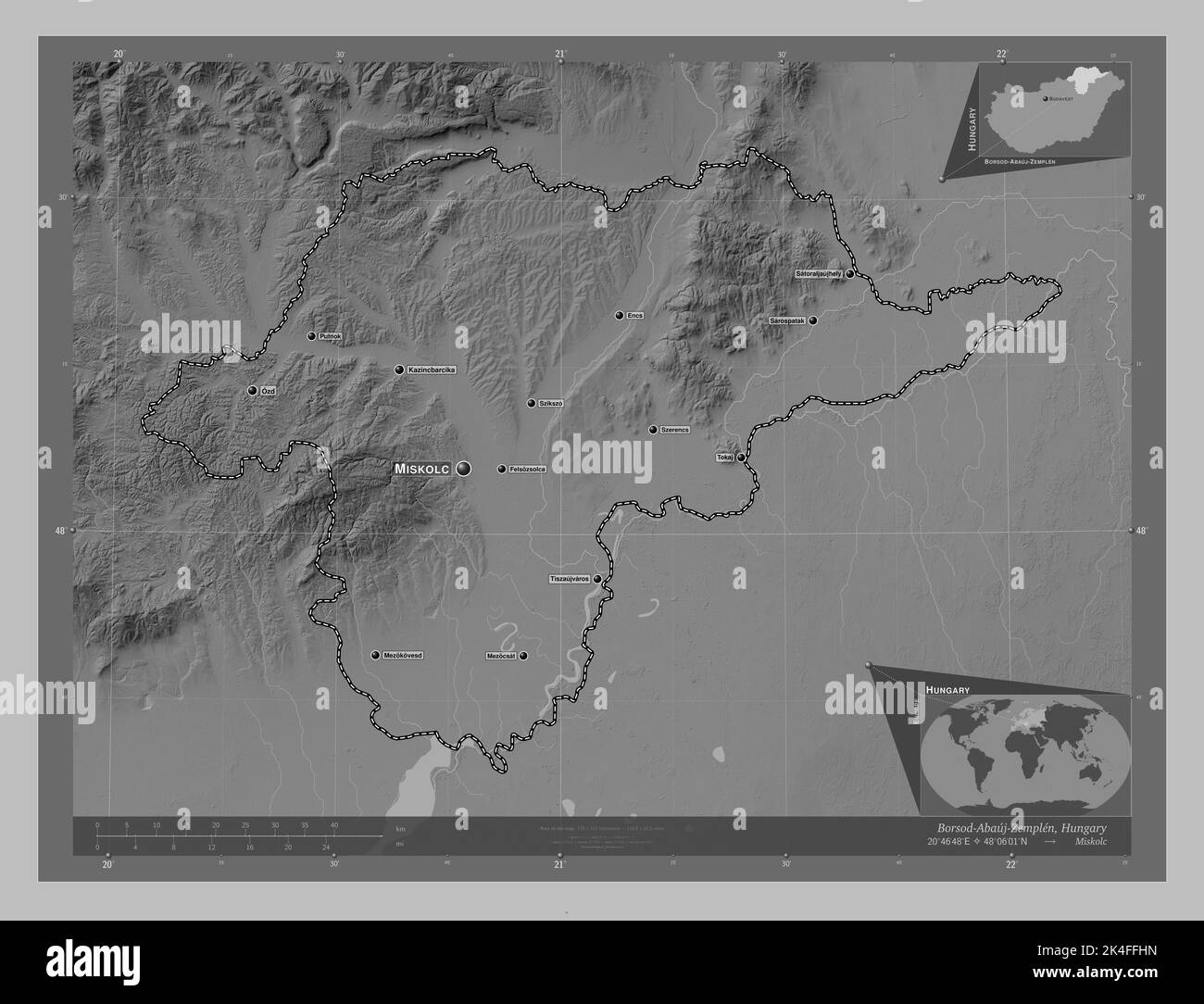 Borsod-Abauj-Zemplen, county of Hungary. Grayscale elevation map with ...