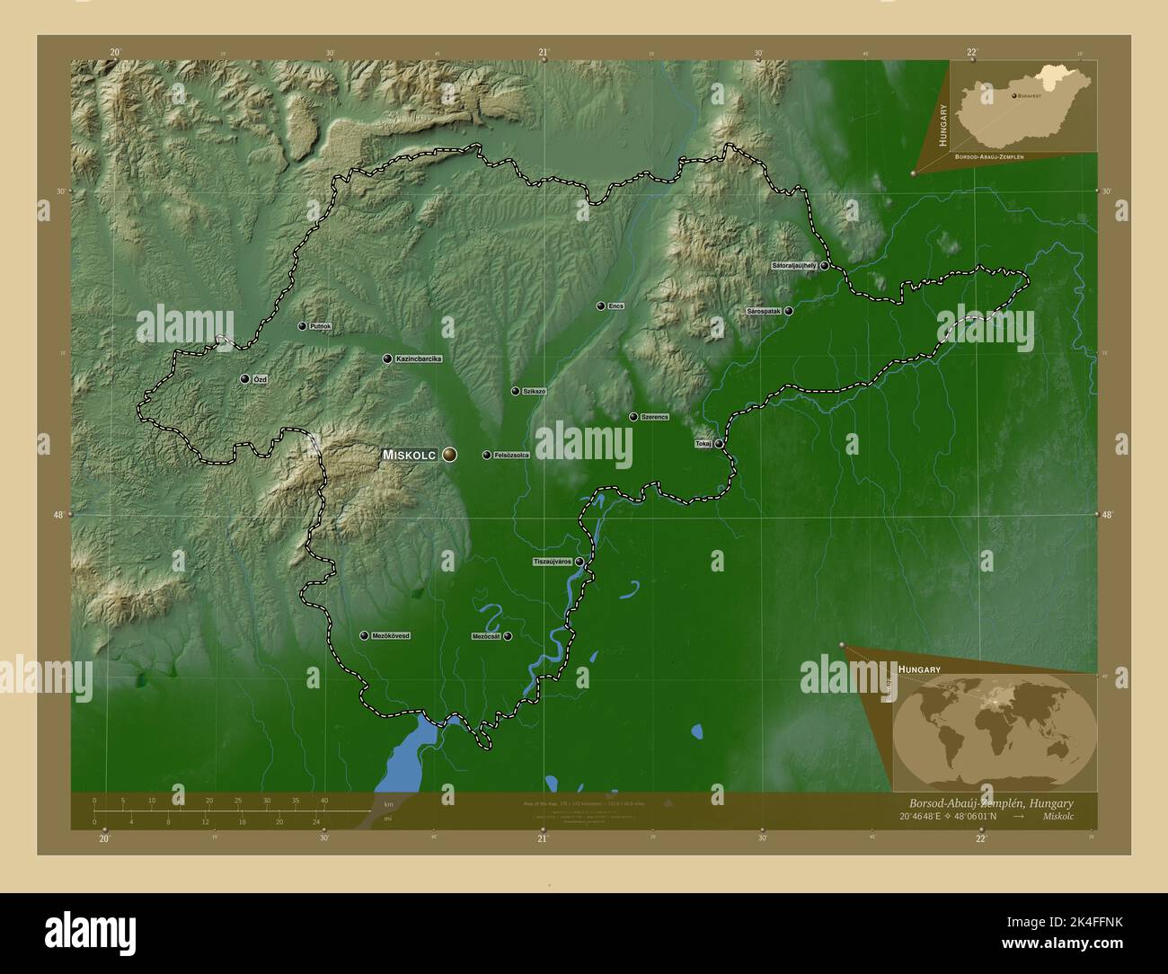 Borsod-Abauj-Zemplen, county of Hungary. Colored elevation map with ...