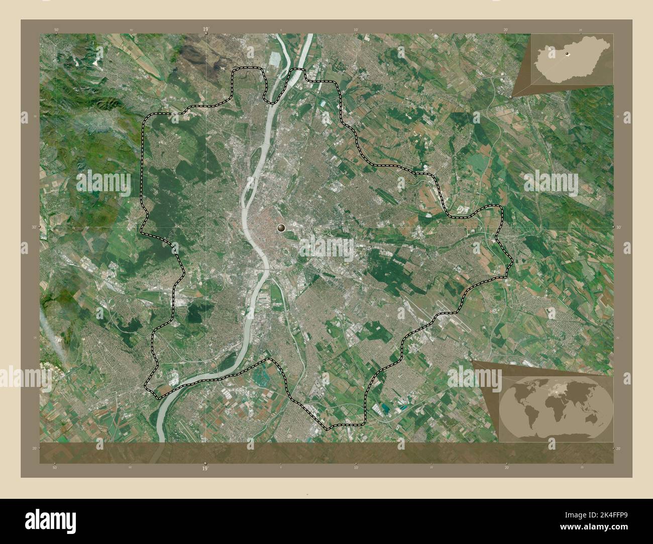 Budapest, capital city of Hungary. High resolution satellite map ...