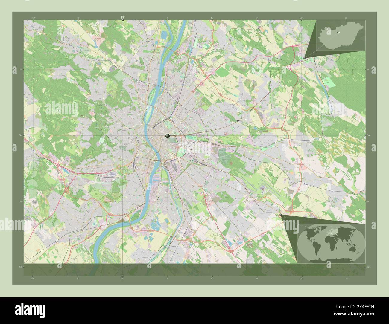 Budapest, capital city of Hungary. Open Street Map. Locations of major ...