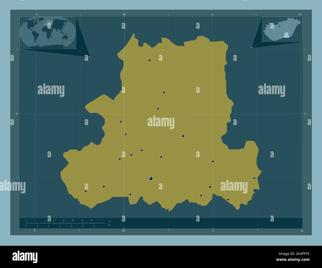 Csongrad, county of Hungary. Solid color shape. Locations of major ...