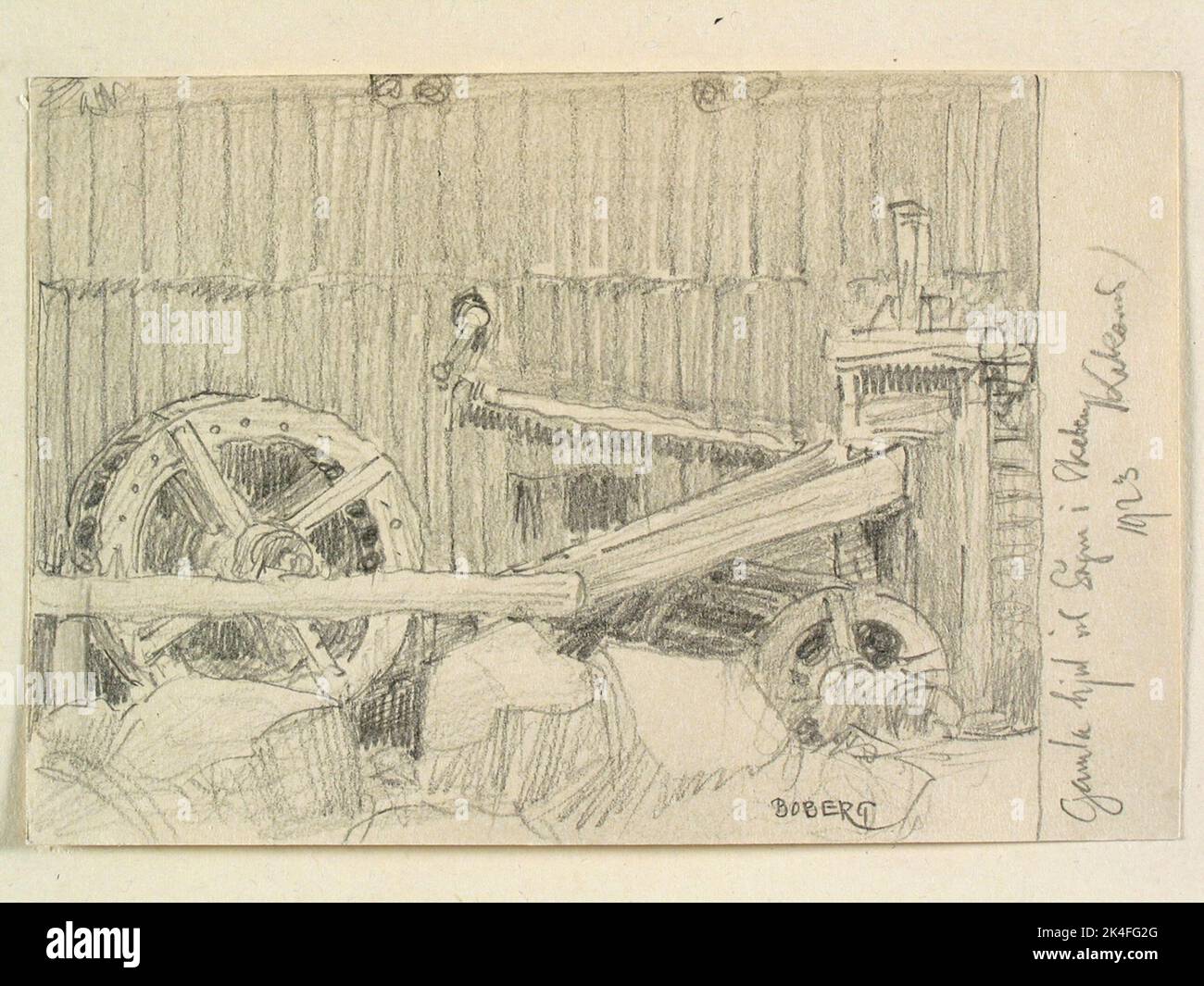 Dalarna, Leksands sn. "Old wheels at the saw in Skeberg". Drawing of ...