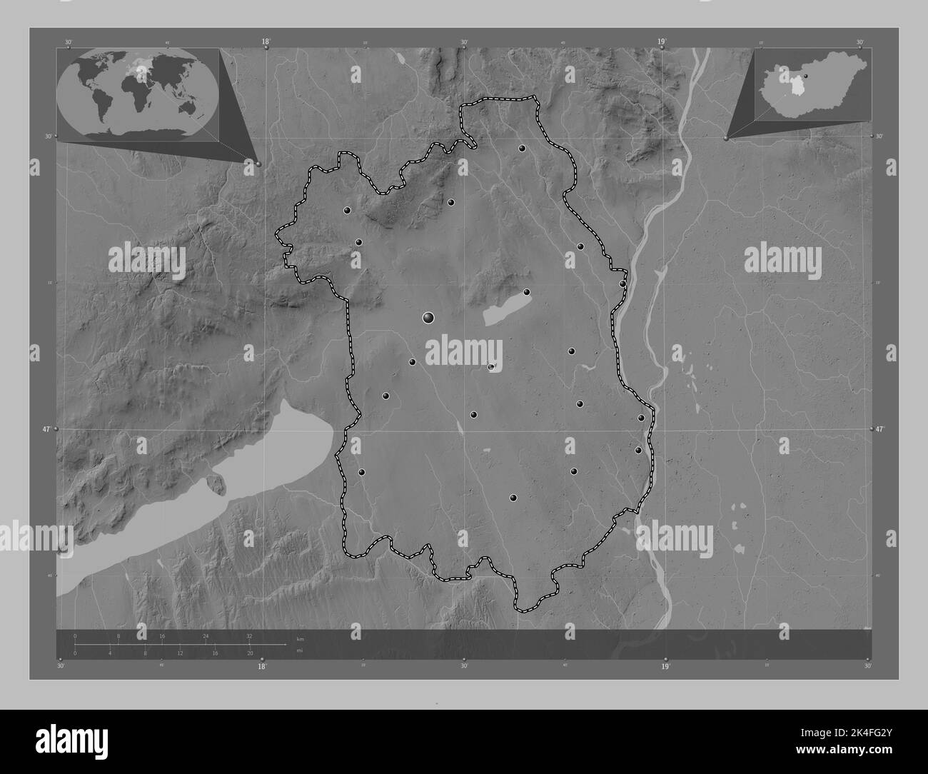Fejer, county of Hungary. Grayscale elevation map with lakes and rivers ...