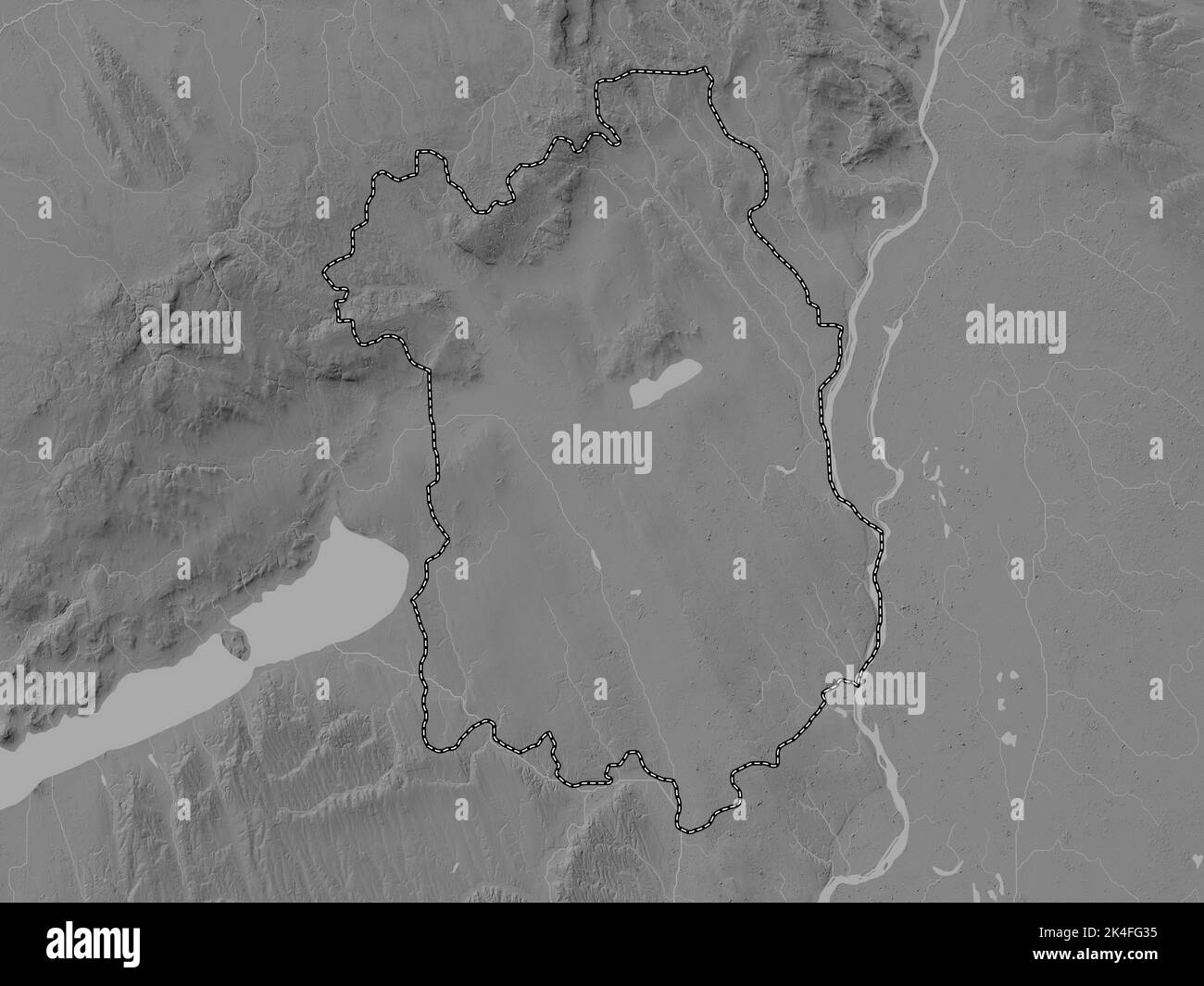 Fejer, county of Hungary. Grayscale elevation map with lakes and rivers ...
