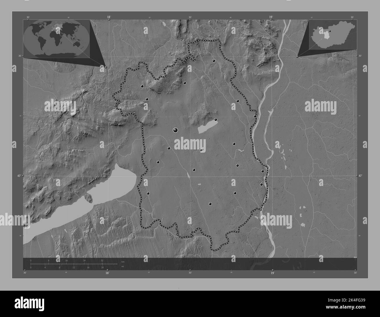 Fejer, county of Hungary. Bilevel elevation map with lakes and rivers ...