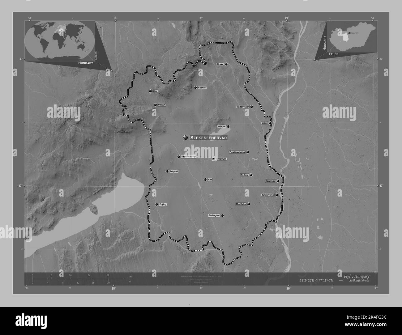 Fejer, county of Hungary. Grayscale elevation map with lakes and rivers ...