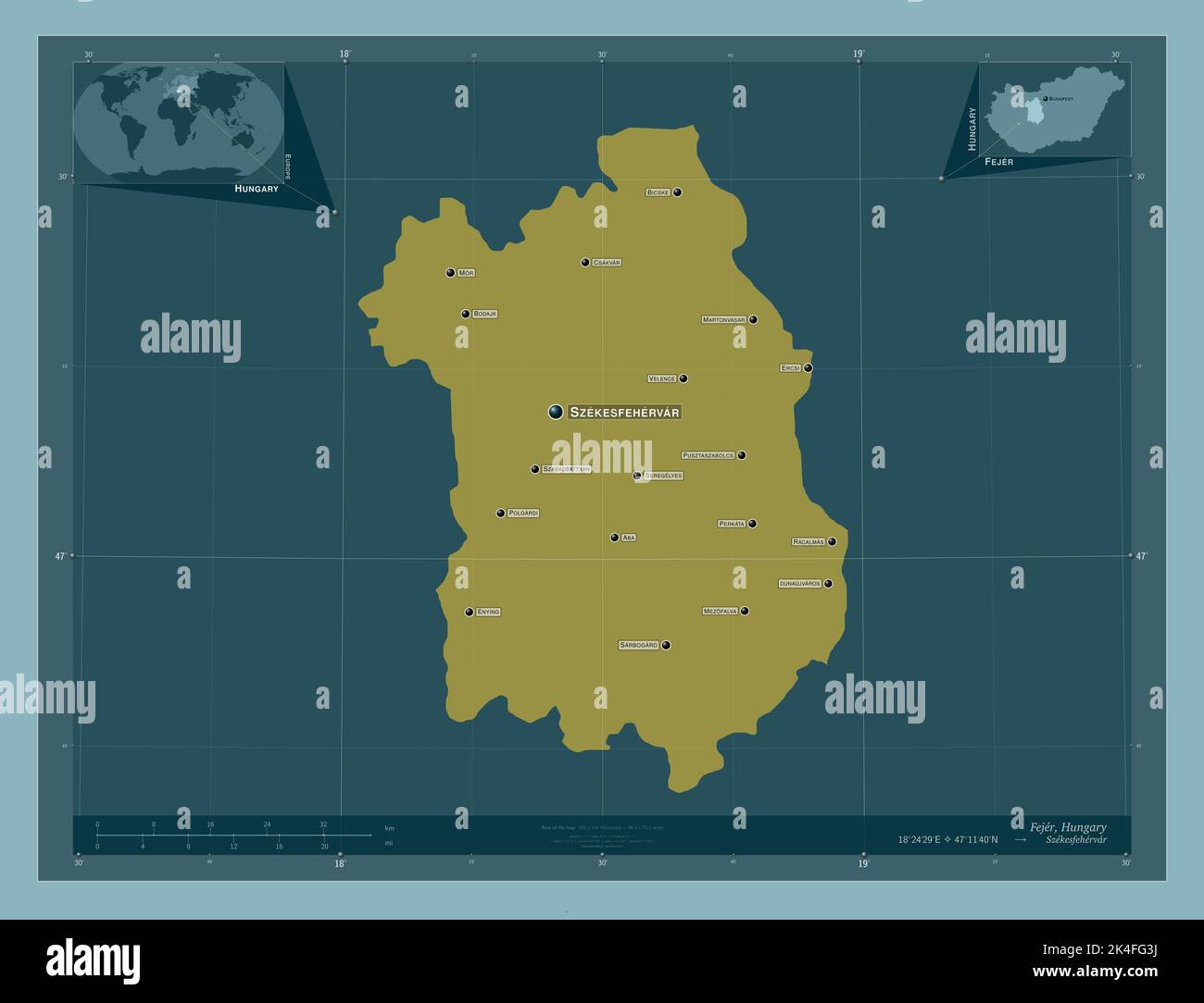 Fejer, county of Hungary. Solid color shape. Locations and names of ...