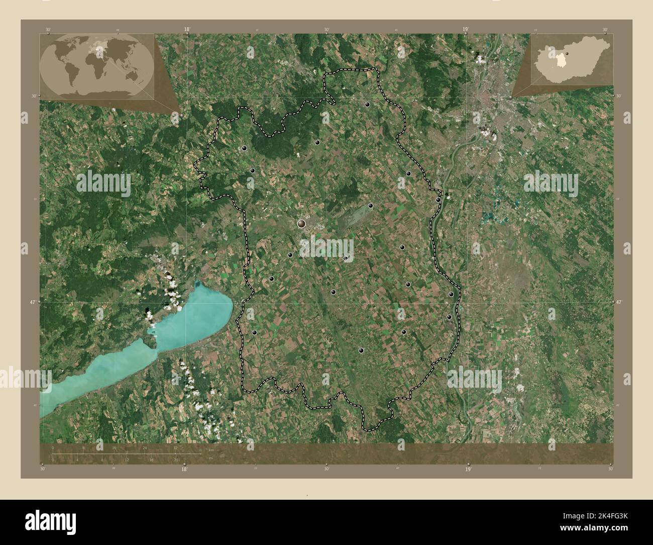Fejer, county of Hungary. High resolution satellite map. Locations of ...