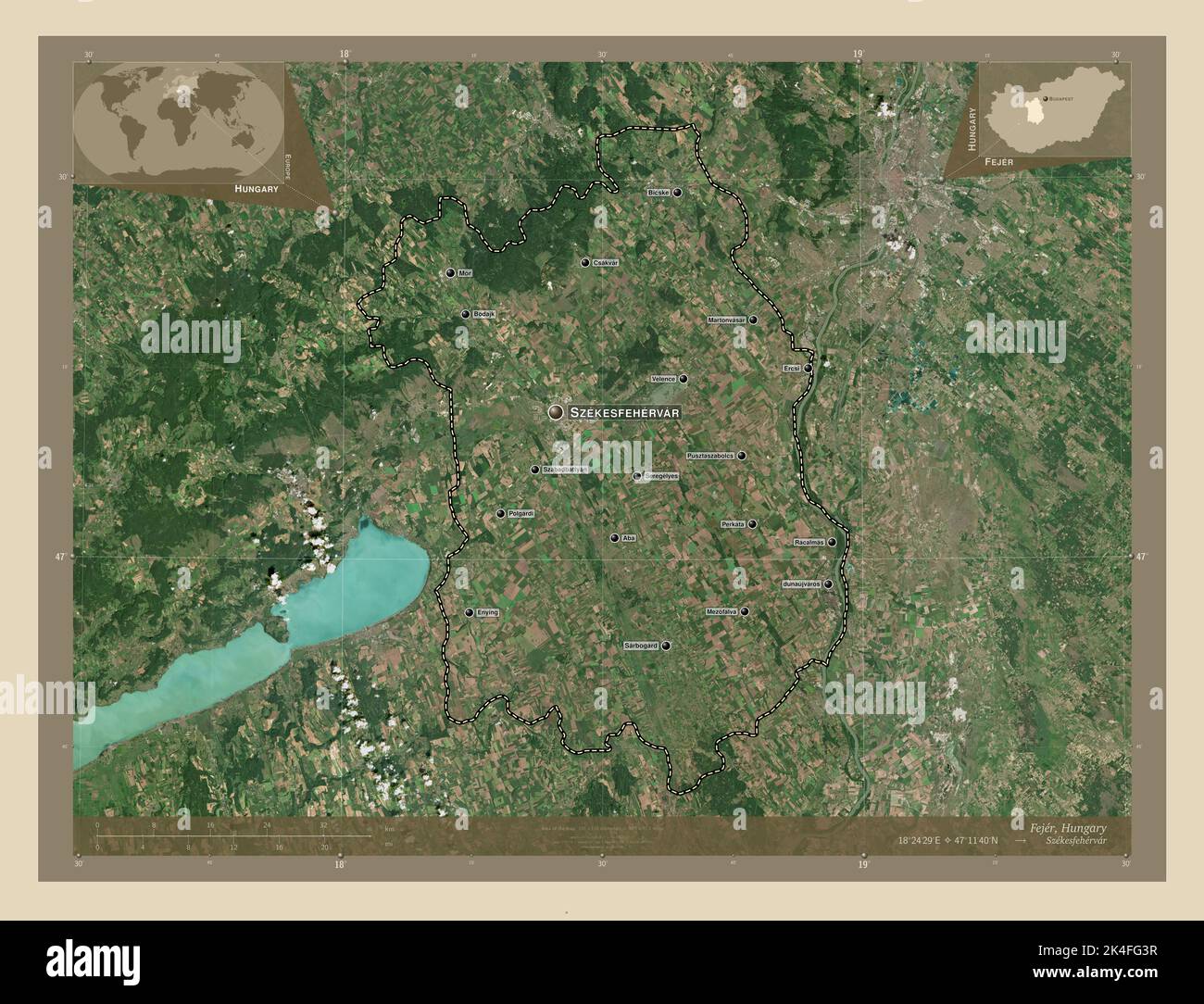 Fejer, county of Hungary. High resolution satellite map. Locations and ...