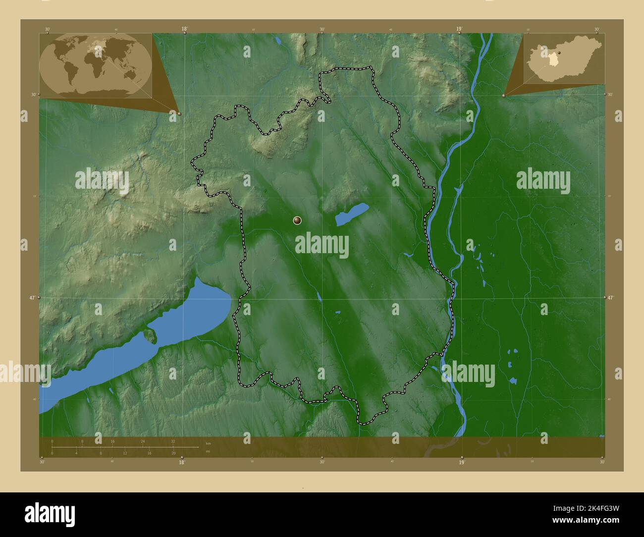 Fejer, county of Hungary. Colored elevation map with lakes and rivers ...
