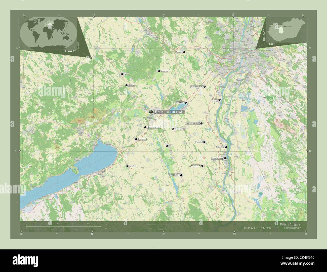 Fejer, county of Hungary. Open Street Map. Locations and names of major ...