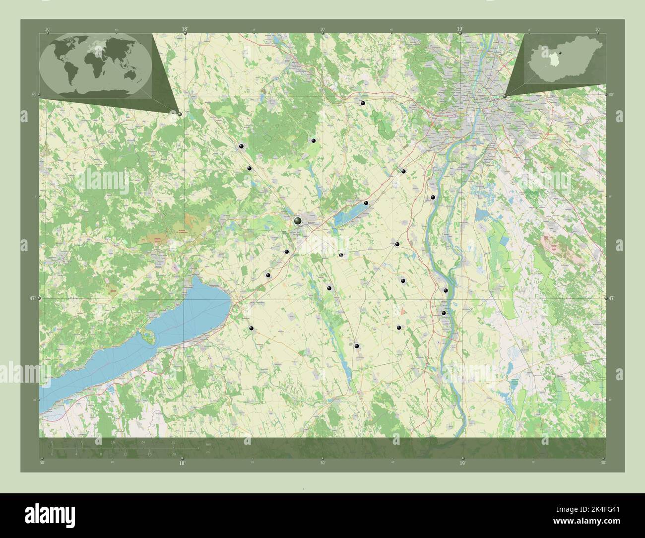 Fejer, county of Hungary. Open Street Map. Locations of major cities of ...