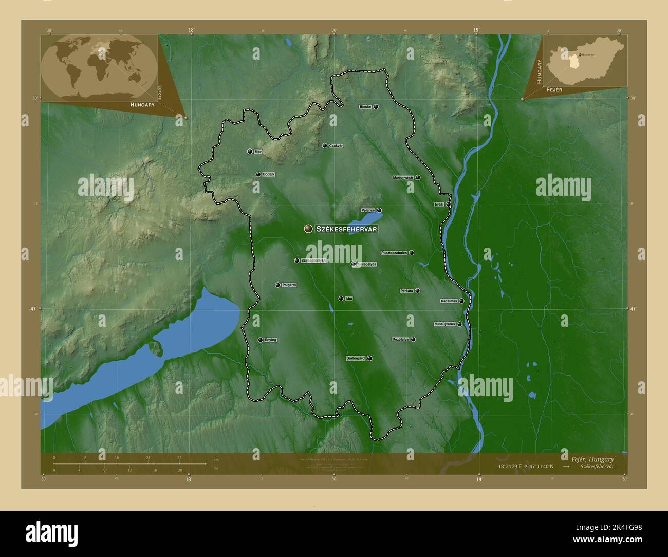 Fejer, county of Hungary. Colored elevation map with lakes and rivers ...
