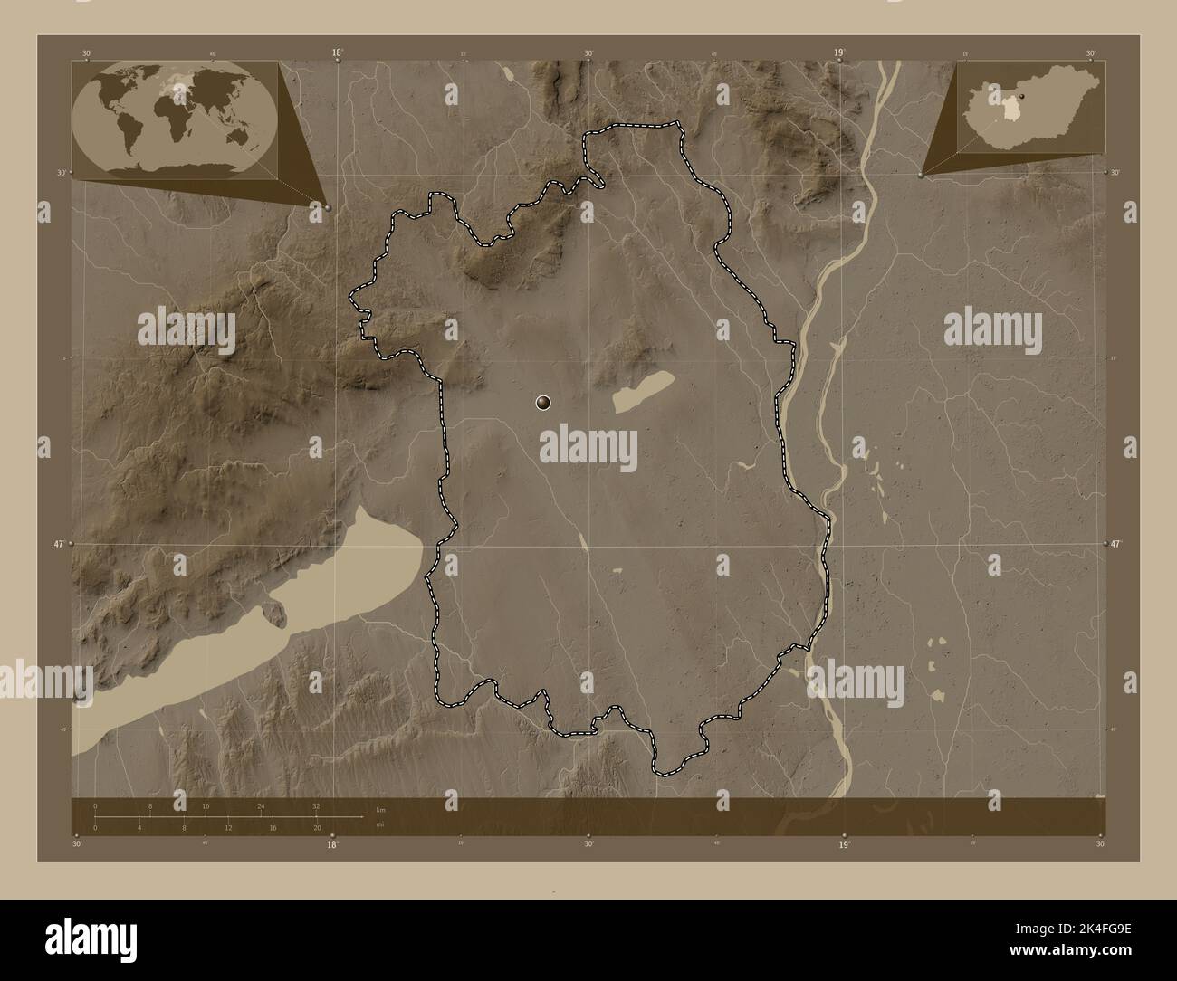 Fejer, county of Hungary. Elevation map colored in sepia tones with ...