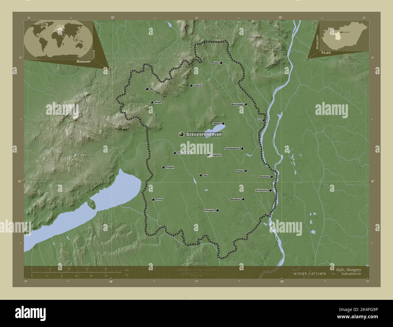 Fejer, county of Hungary. Elevation map colored in wiki style with ...