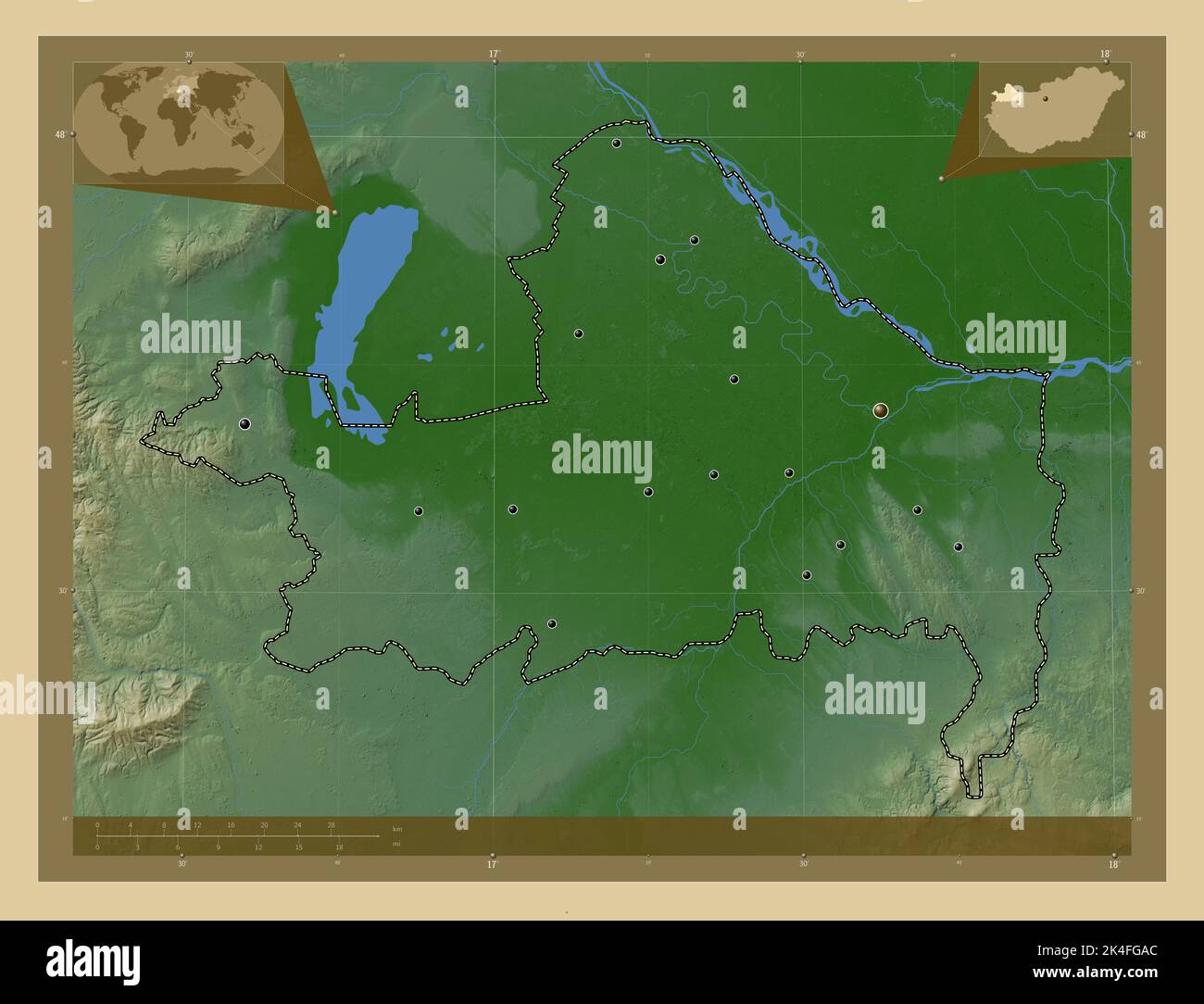 Gyor-Moson-Sopron, county of Hungary. Colored elevation map with lakes ...