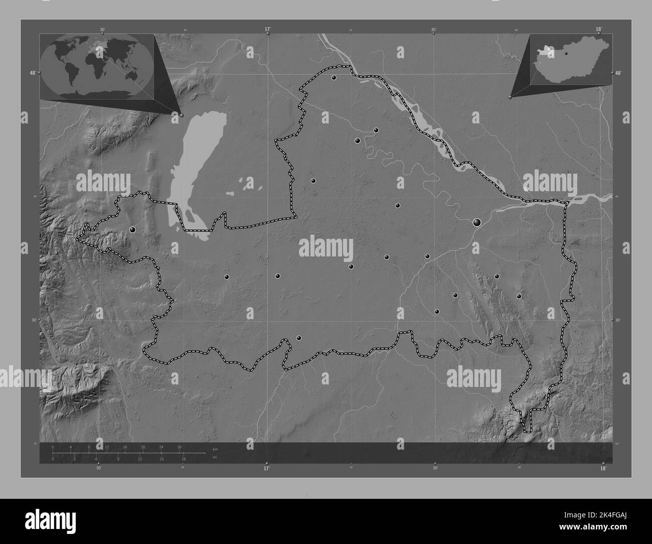 Gyor-Moson-Sopron, county of Hungary. Bilevel elevation map with lakes ...
