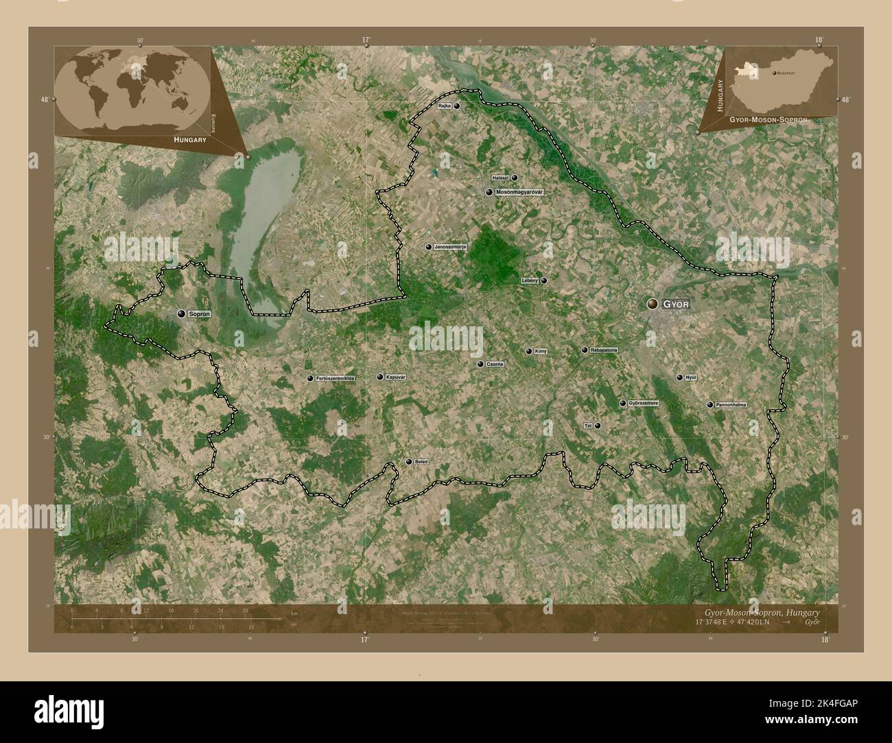 Gyor-Moson-Sopron, county of Hungary. Low resolution satellite map ...