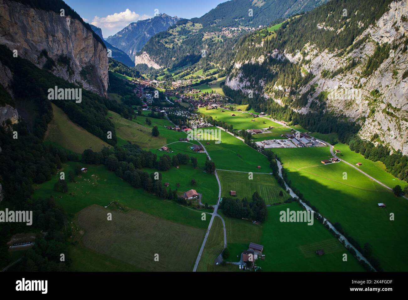 An aerial view of the Switzerland village surrounded by mountains on a ...