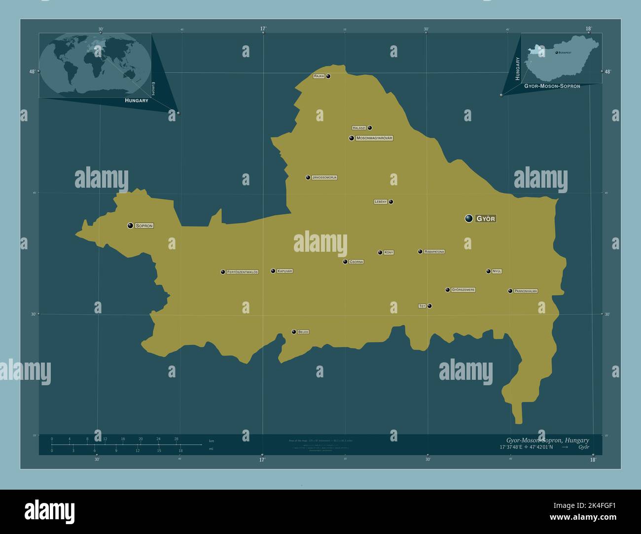 Gyor-Moson-Sopron, county of Hungary. Solid color shape. Locations and ...