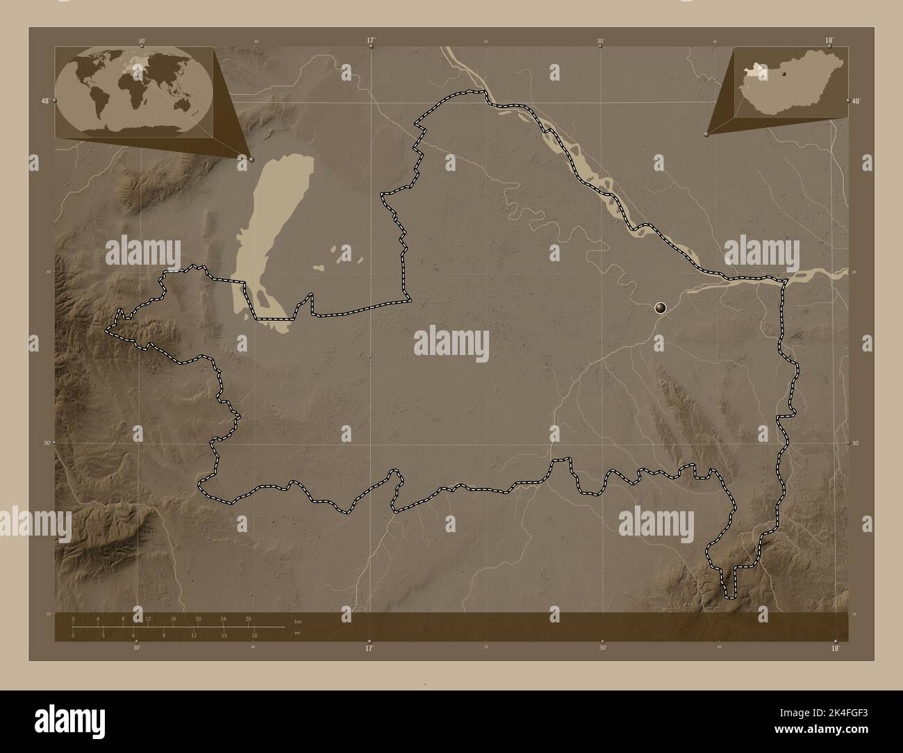 Gyor-Moson-Sopron, county of Hungary. Elevation map colored in sepia ...