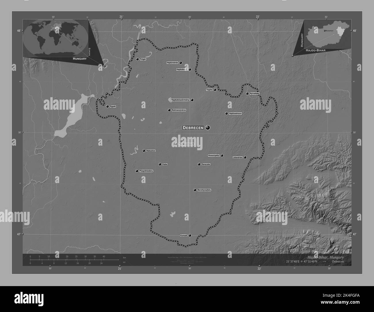 Hajdu-Bihar, county of Hungary. Bilevel elevation map with lakes and ...
