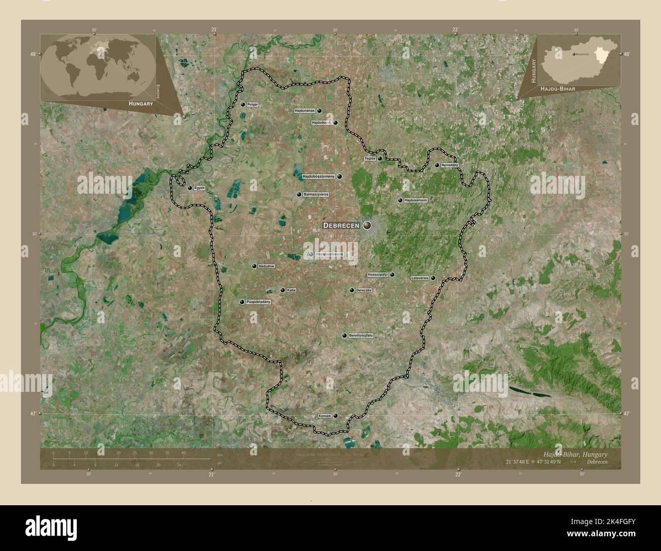 Hajdu-Bihar, county of Hungary. High resolution satellite map ...