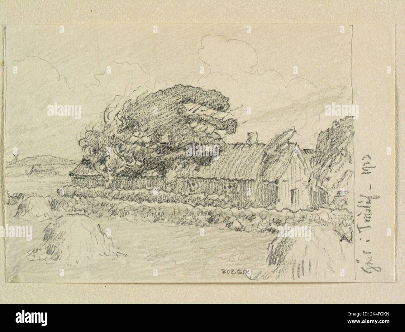 Halland, Himle hd. "Farm in Träslövs". Drawing of Ferdinand Boberg ...