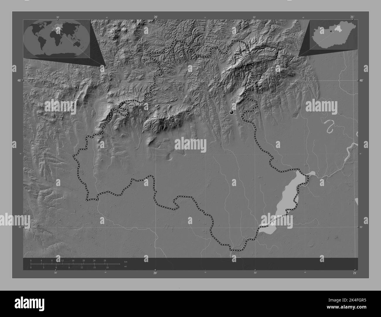Heves, county of Hungary. Bilevel elevation map with lakes and rivers ...