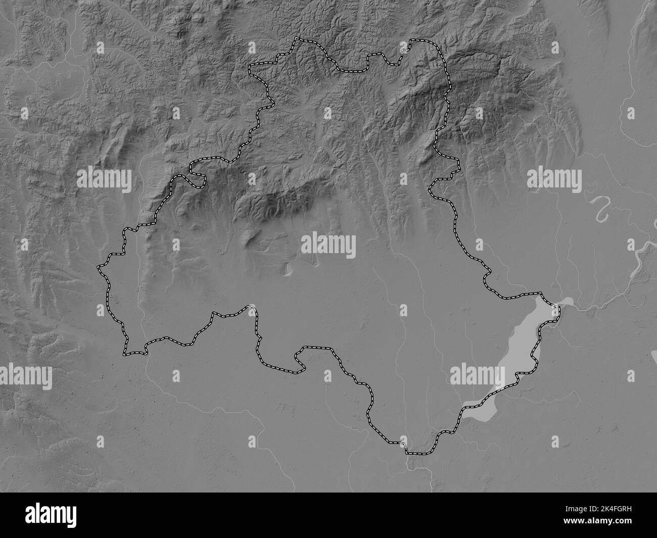 Heves, county of Hungary. Grayscale elevation map with lakes and rivers ...