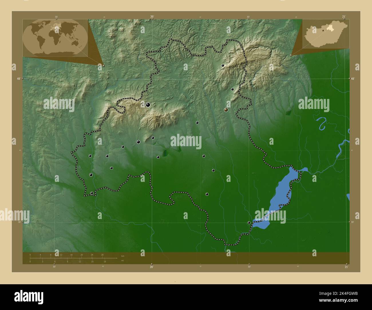 Heves, county of Hungary. Colored elevation map with lakes and rivers ...