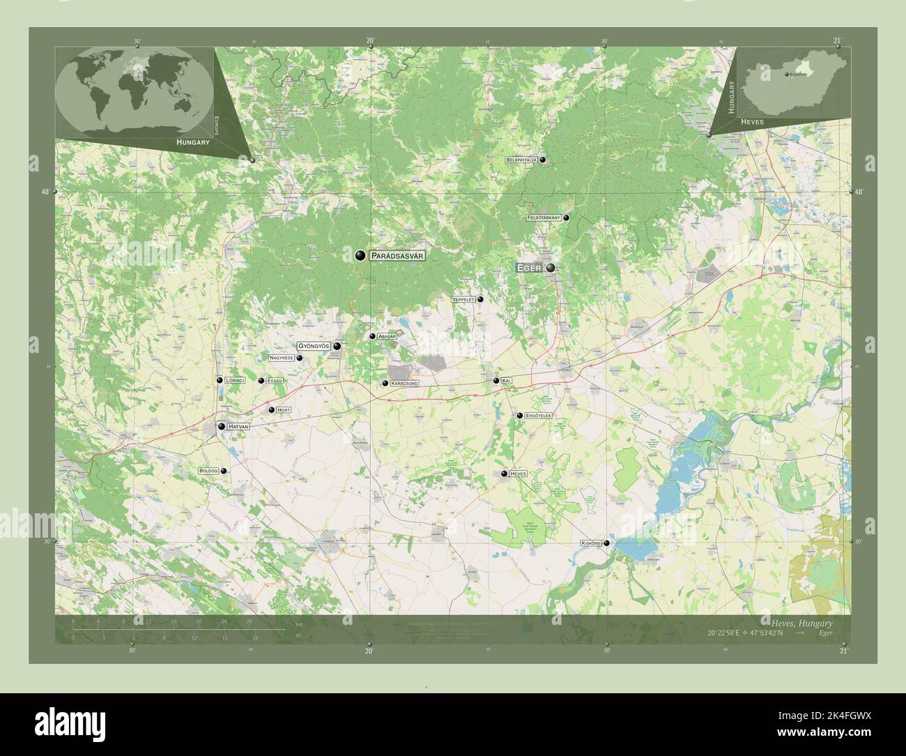 Heves, county of Hungary. Open Street Map. Locations and names of major ...