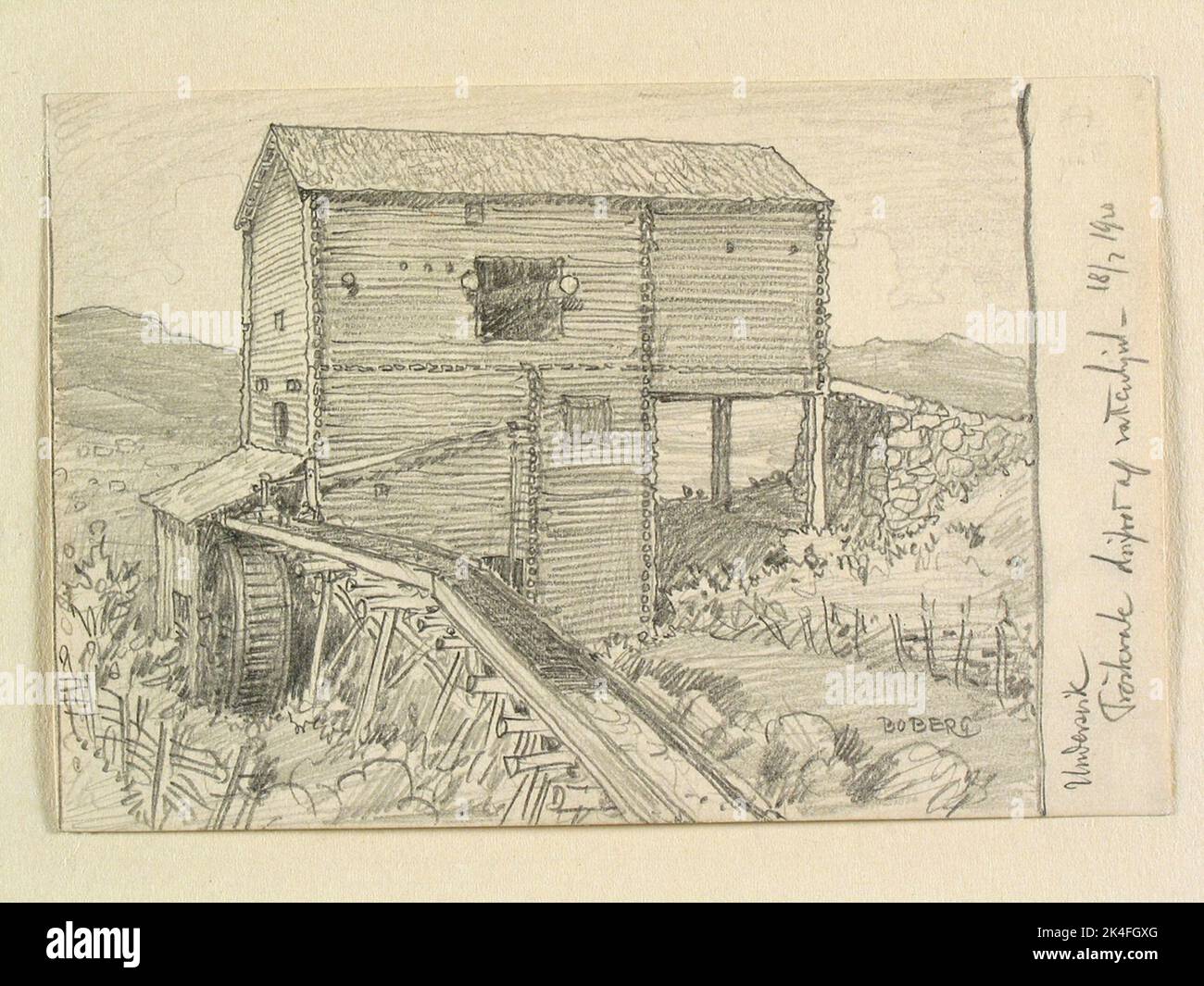 Hälsingland, Undersvik. Threshing plant driven by water wheels. Drawing ...