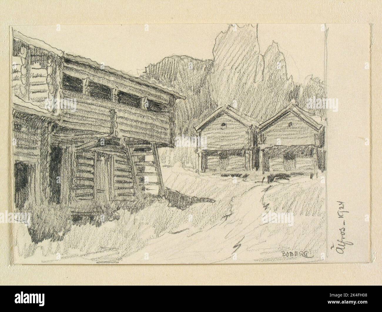 Härjedalen, Älvros. Svalbod and Härbren. Drawing of Ferdinand Boberg ...