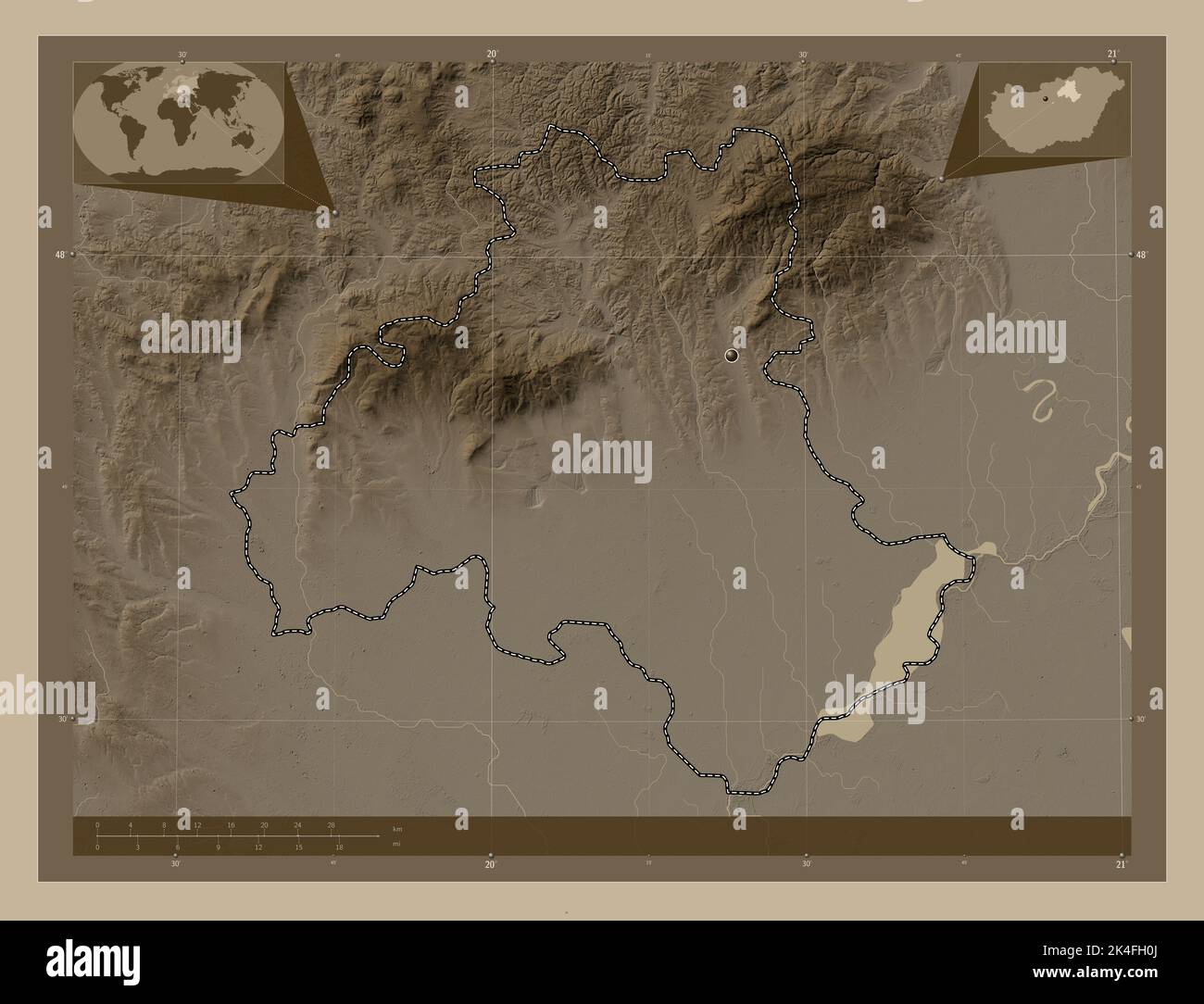 Heves, county of Hungary. Elevation map colored in sepia tones with ...