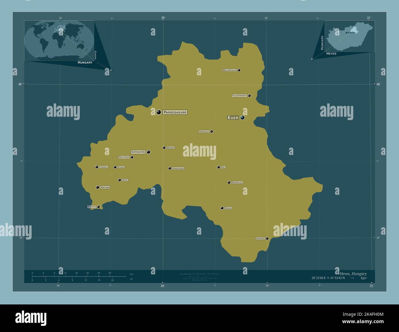 Heves, county of Hungary. Solid color shape. Locations and names of ...