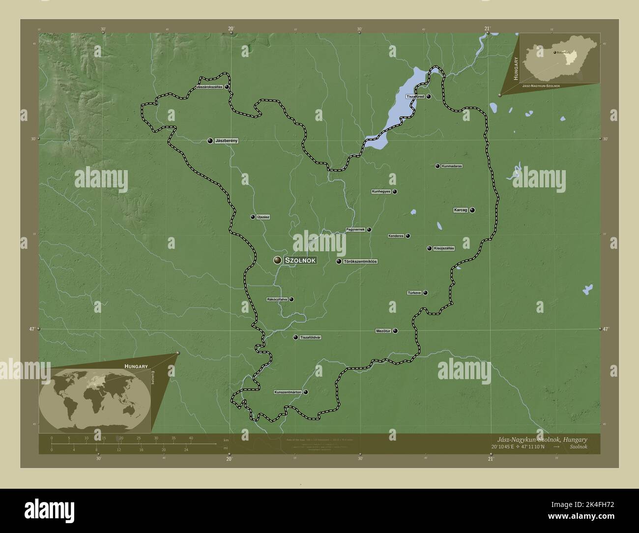 Jasz-Nagykun-Szolnok, county of Hungary. Elevation map colored in wiki ...