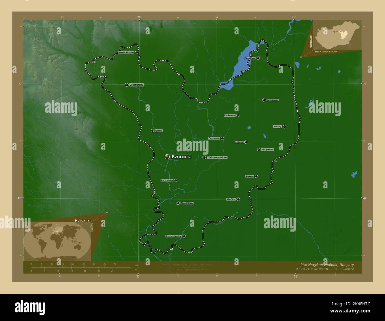 Jasz-Nagykun-Szolnok, county of Hungary. Colored elevation map with ...